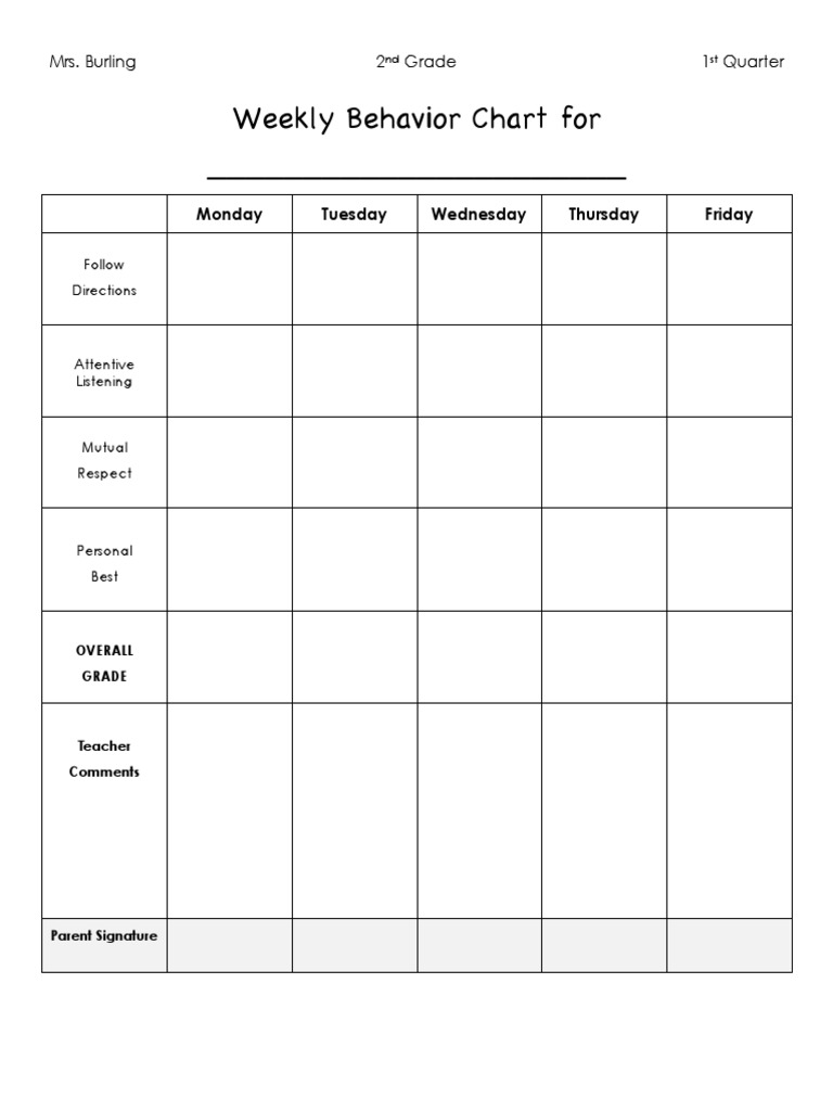 Weekly Behavior Chart For - : Monday Tuesday Wednesday Thursday Friday ...