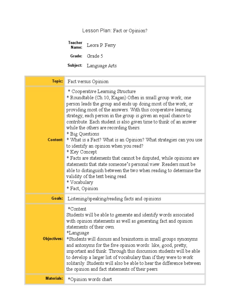 Fact vs. Opinion Lesson Plan for Grade 5 | PDF | Lesson Plan | Cognition