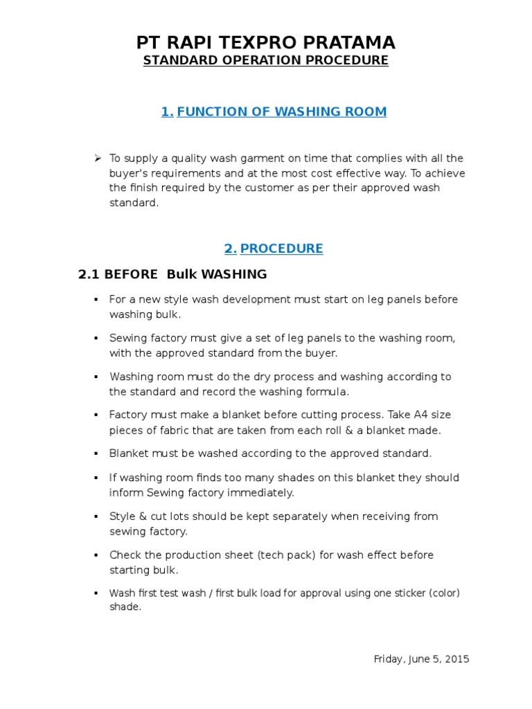 Garment Washing SOP for Quality Control | PDF | Textiles | Clothing