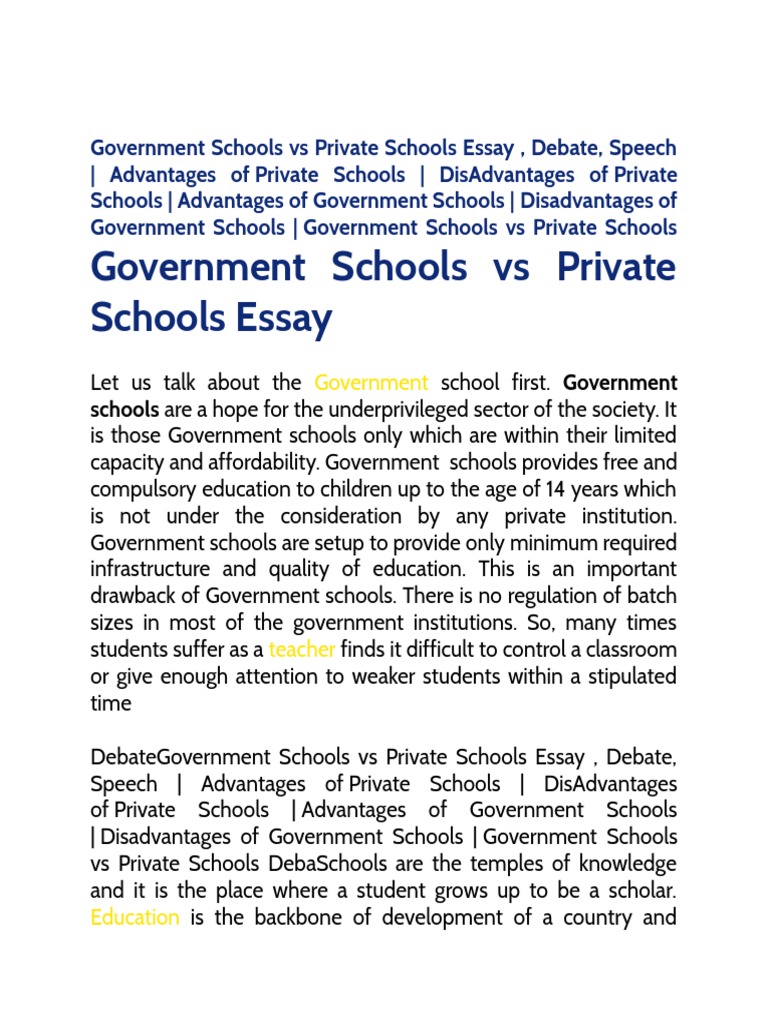 Government Schools Vs Private Schools Essay | PDF