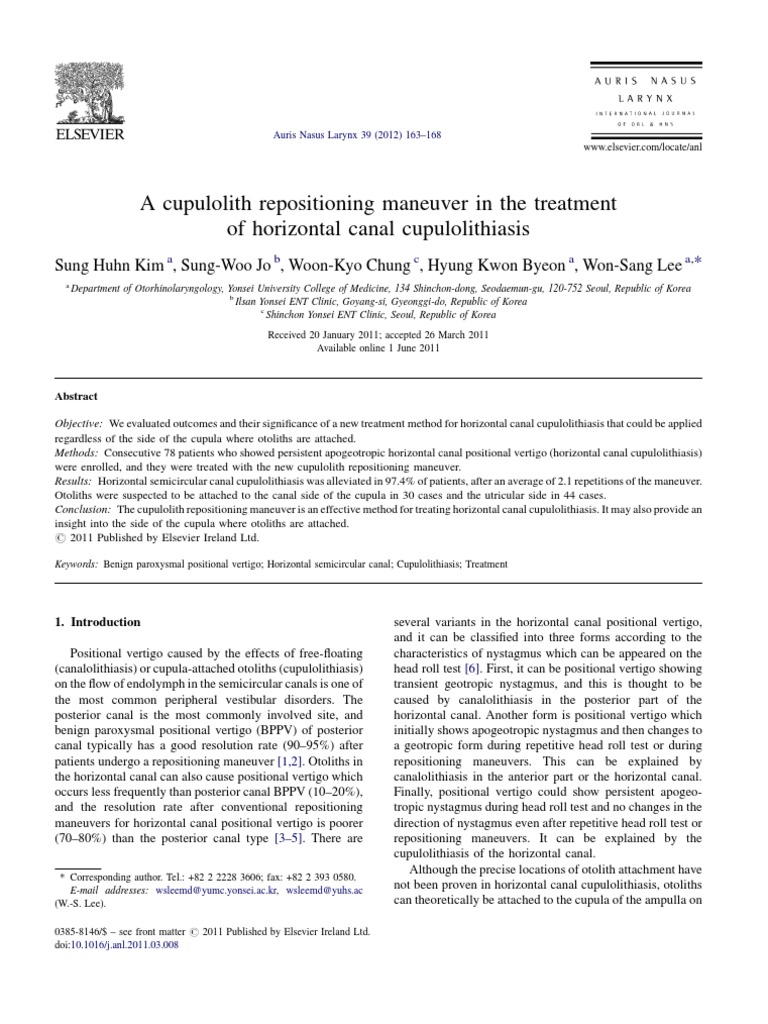 A Cupulolith Repositioning Maneuver in The Treatment of Horizontal ...