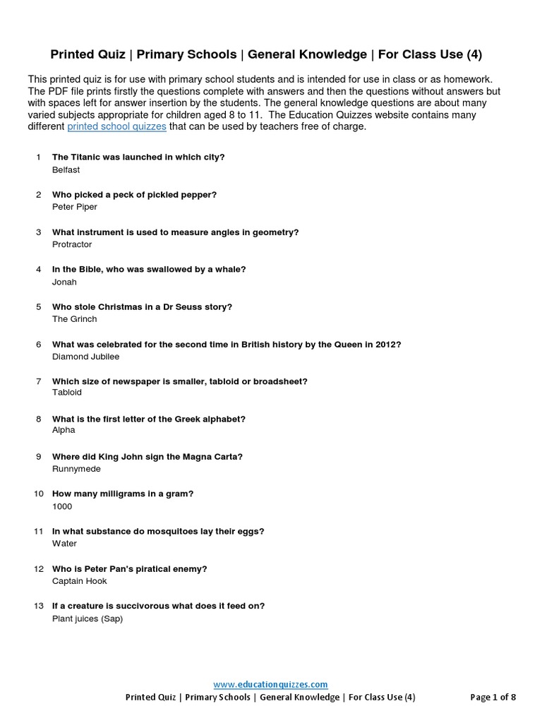 Printed Quiz Primary Schools General Knowledge For Class Use (4) 1 ...
