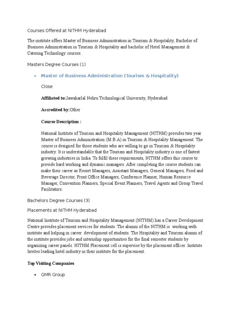 NITHM Hyderabad Courses & Placements | PDF | Master Of Business ...