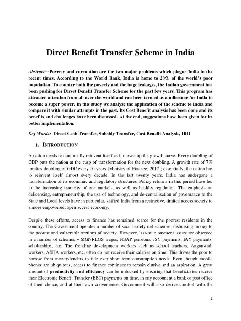 Direct Benefit Transfer Scheme in India PDF | PDF | Cost–Benefit ...
