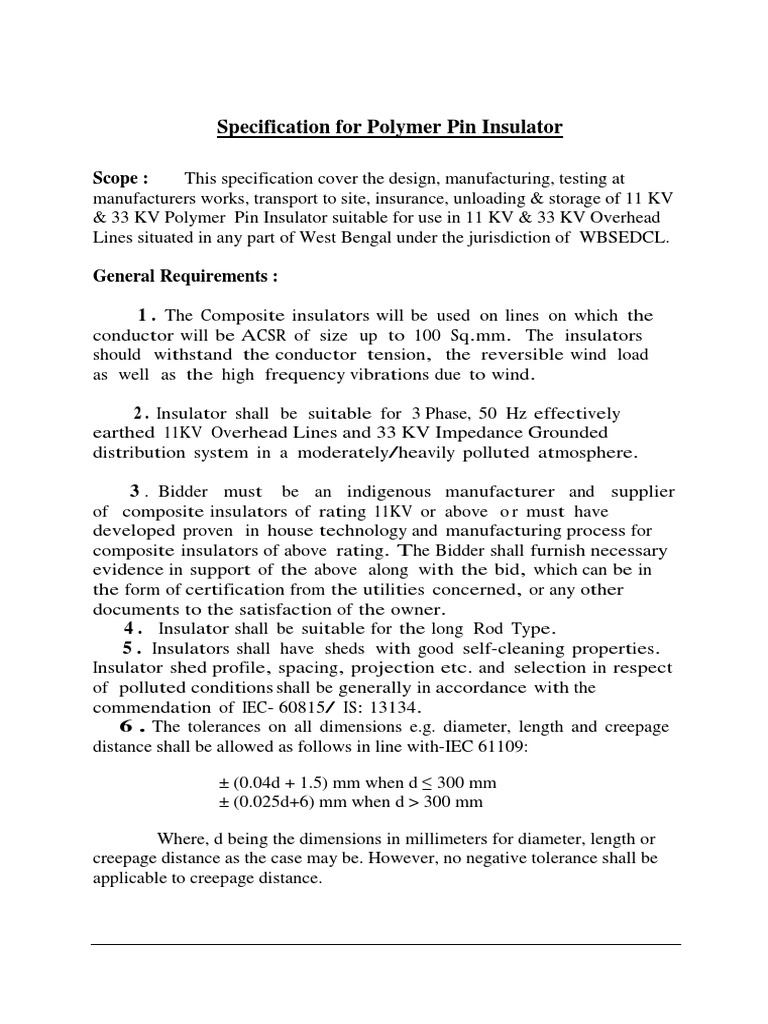 Techinical Specification of Polymer 11 KV & 33 KV Pin Insulator | PDF | Insulator (Electricity ...