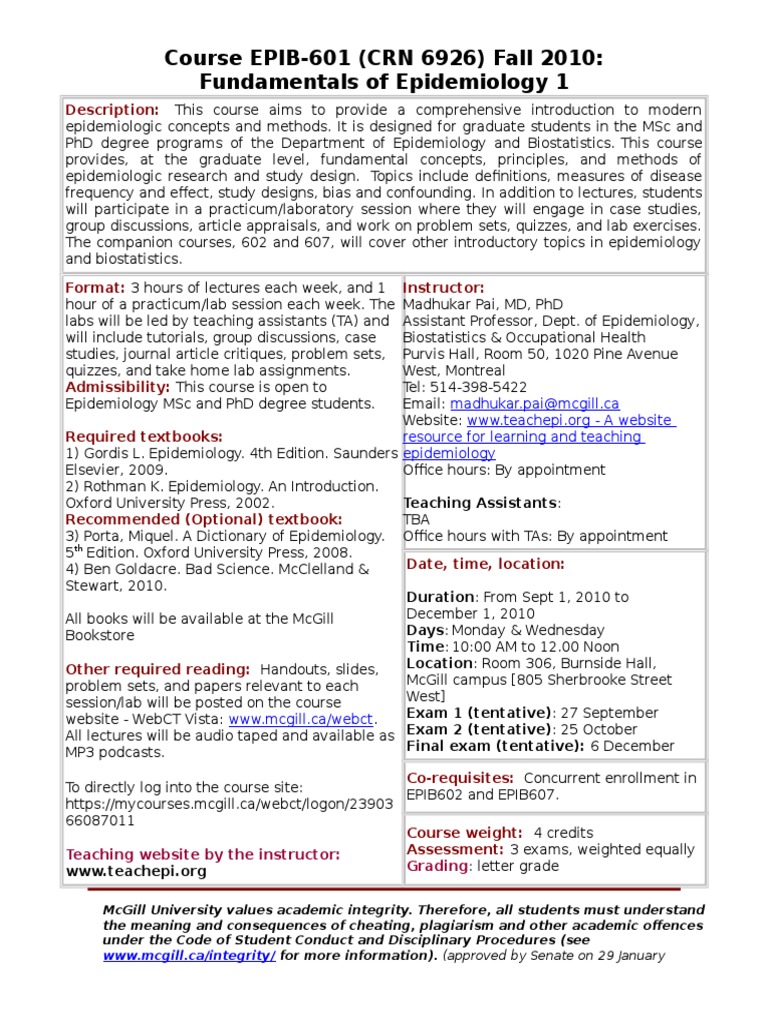 Course EPIB601 Outline 2010 Draft | PDF | Lecture | Epidemiology