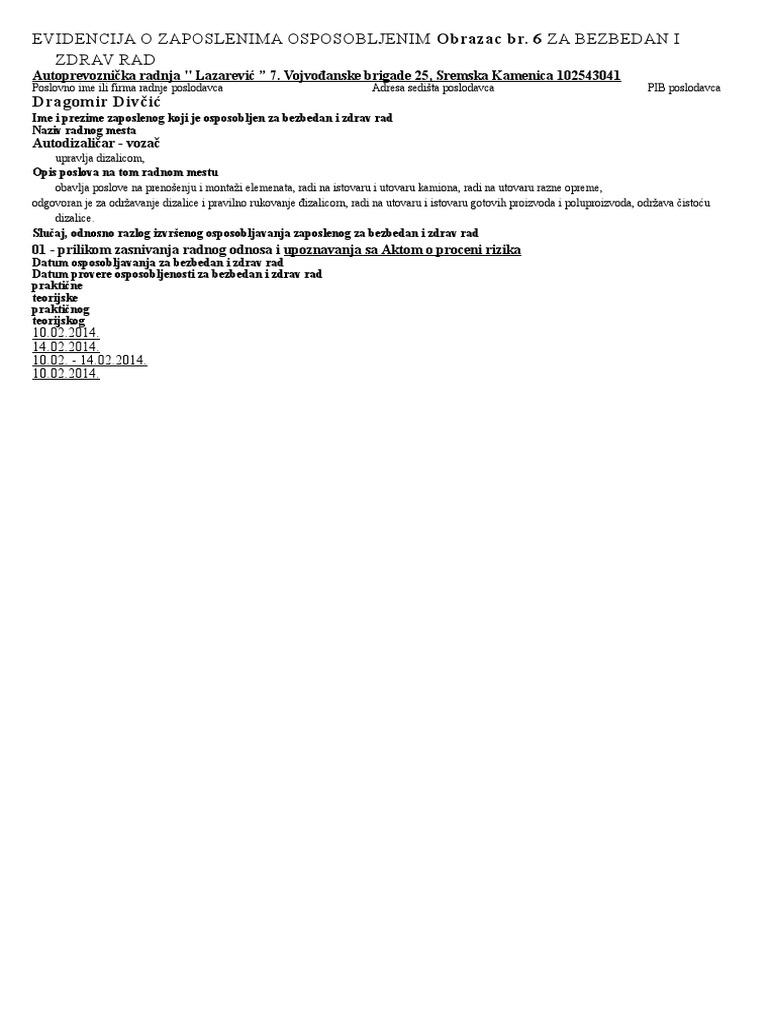 Evidencija o Zaposlenima Obrazac 6 | PDF