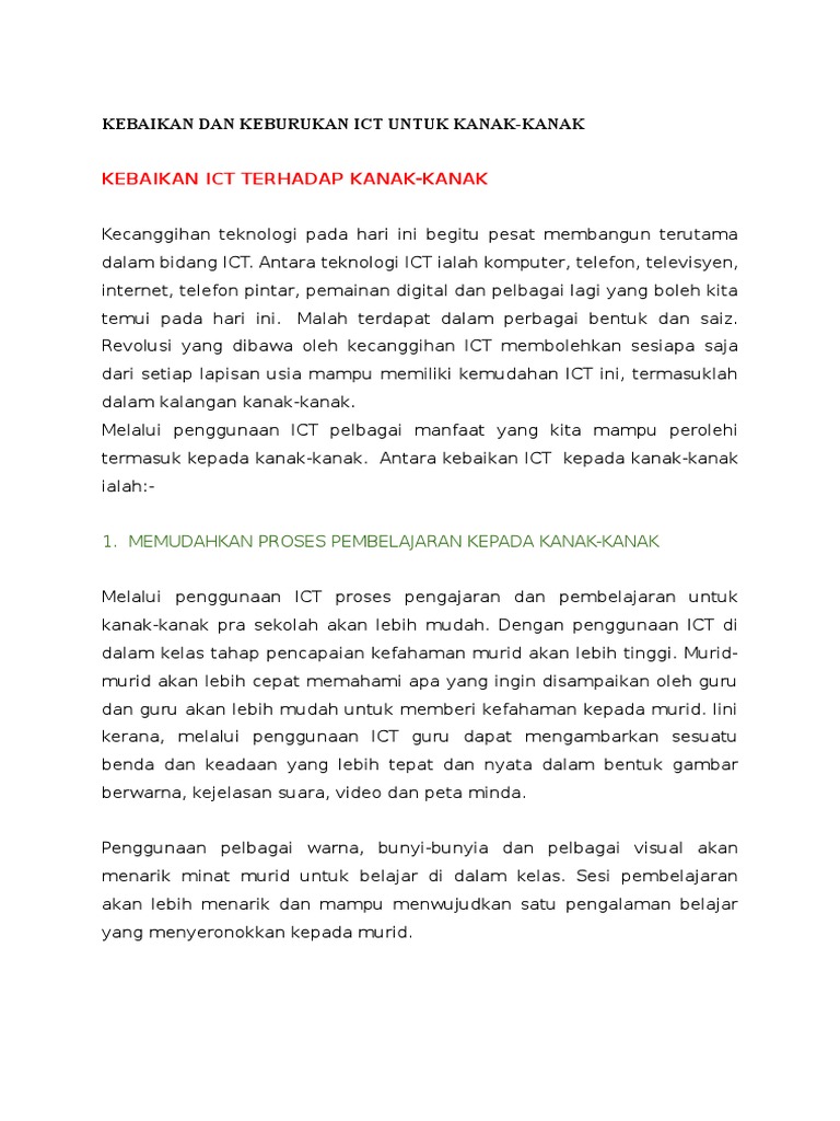 Kebaikan Dan Keburukan Ict Untuk Kanak | PDF