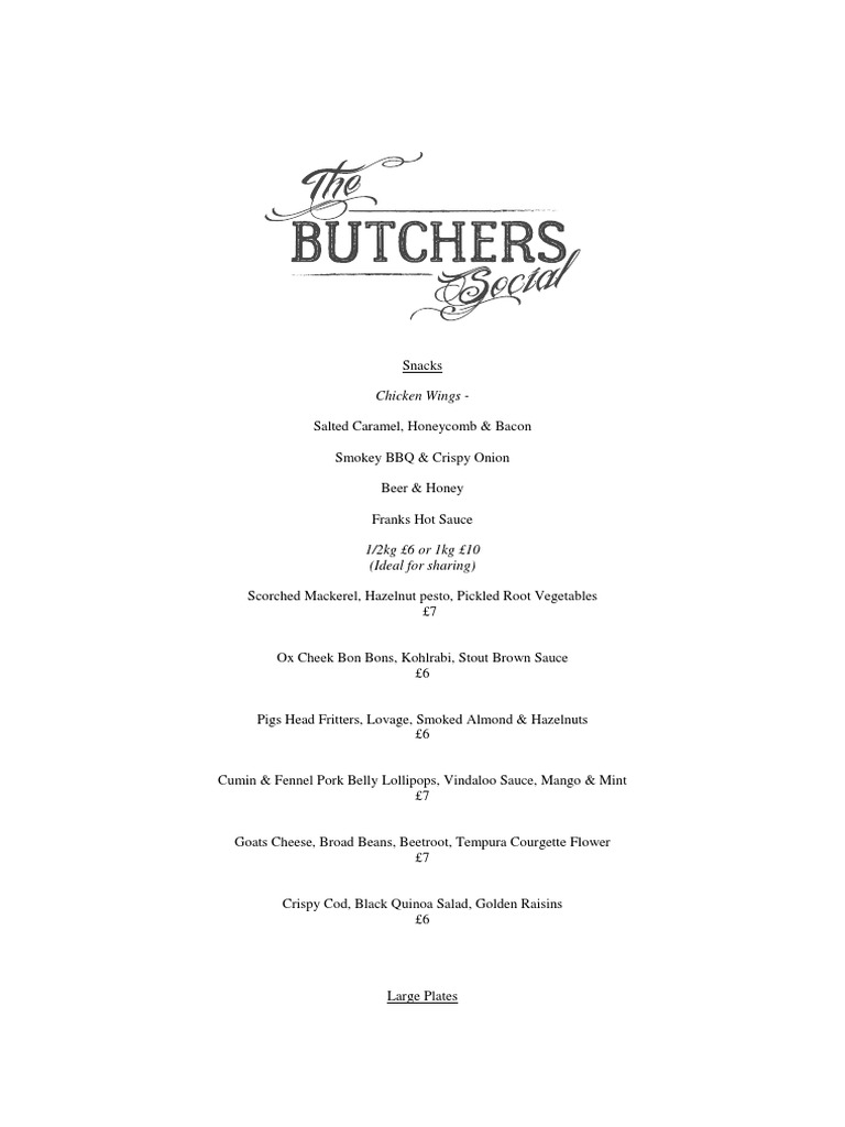 Butchers Social Dinner Menu | PDF | French Fries | Sauce