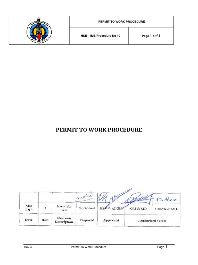 010 - Permit To Work Procedure Feb 2013 | PDF | Drilling Rig | Safety
