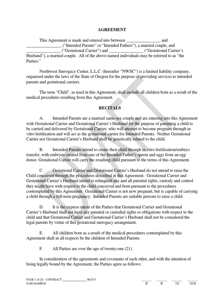 Surrogacy Contract Sample 070215 Pdf Surrogacy In Vitro Fertilisation