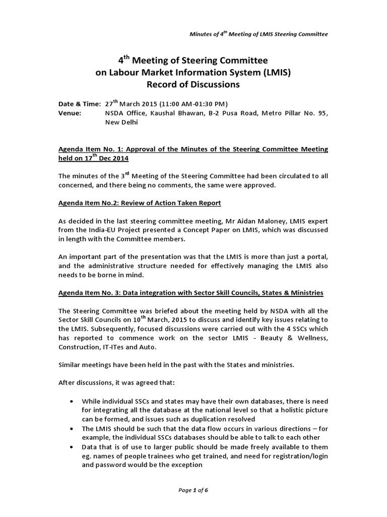 Minutes of 4th Meeting of LMIS Steering Committee Meeting | Databases ...