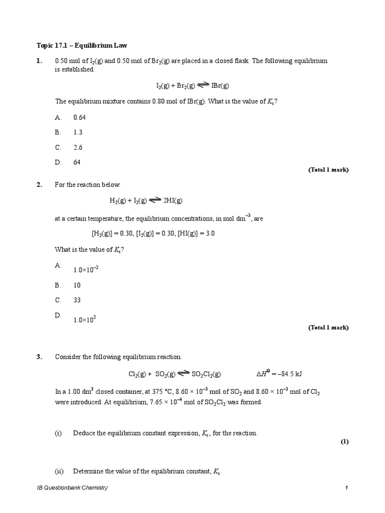 Topic 17 1 - Equilibrium Exam Questions | Chemical Equilibrium | Chemistry