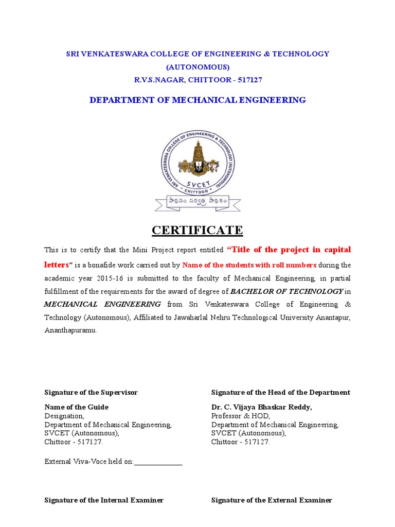 Certificate: Department of Mechanical Engineering | PDF | Educational Stages | Qualifications