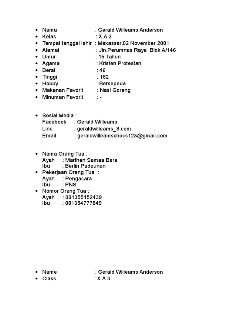 Contoh Biodata B.inggris Dan Bahasa Indonesia | PDF | Ilmu Sosial