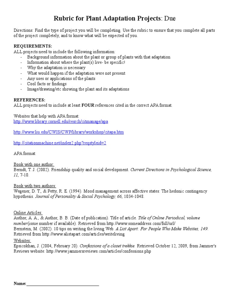 Plant Adaptation Project - Rubrics | PDF | American Psychological ...
