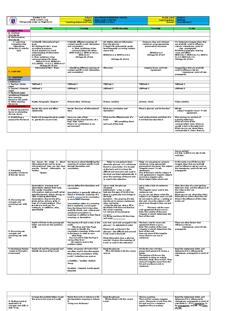 Eng 5 DLL Q2W3-5 | PDF | Subject (Grammar) | Plural