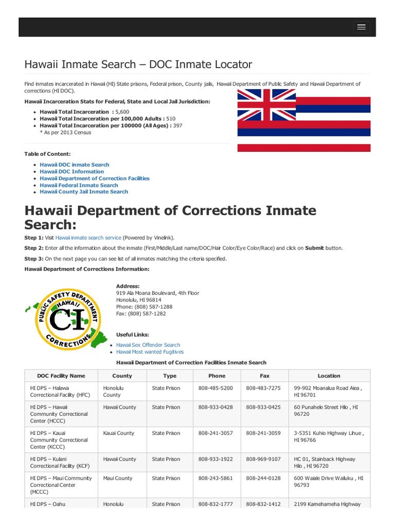 Hawaii Inmate Search Department of Corrections Lookup | PDF | Hawaii ...