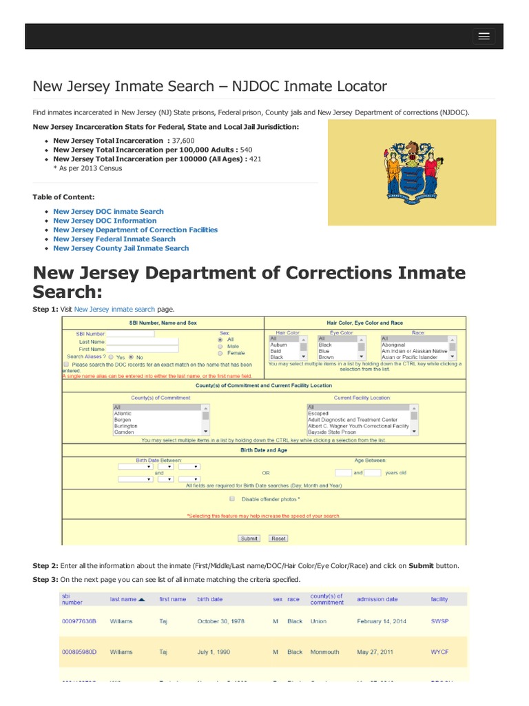 New Jersey Inmate Search Department of Corrections Lookup | PDF | New ...