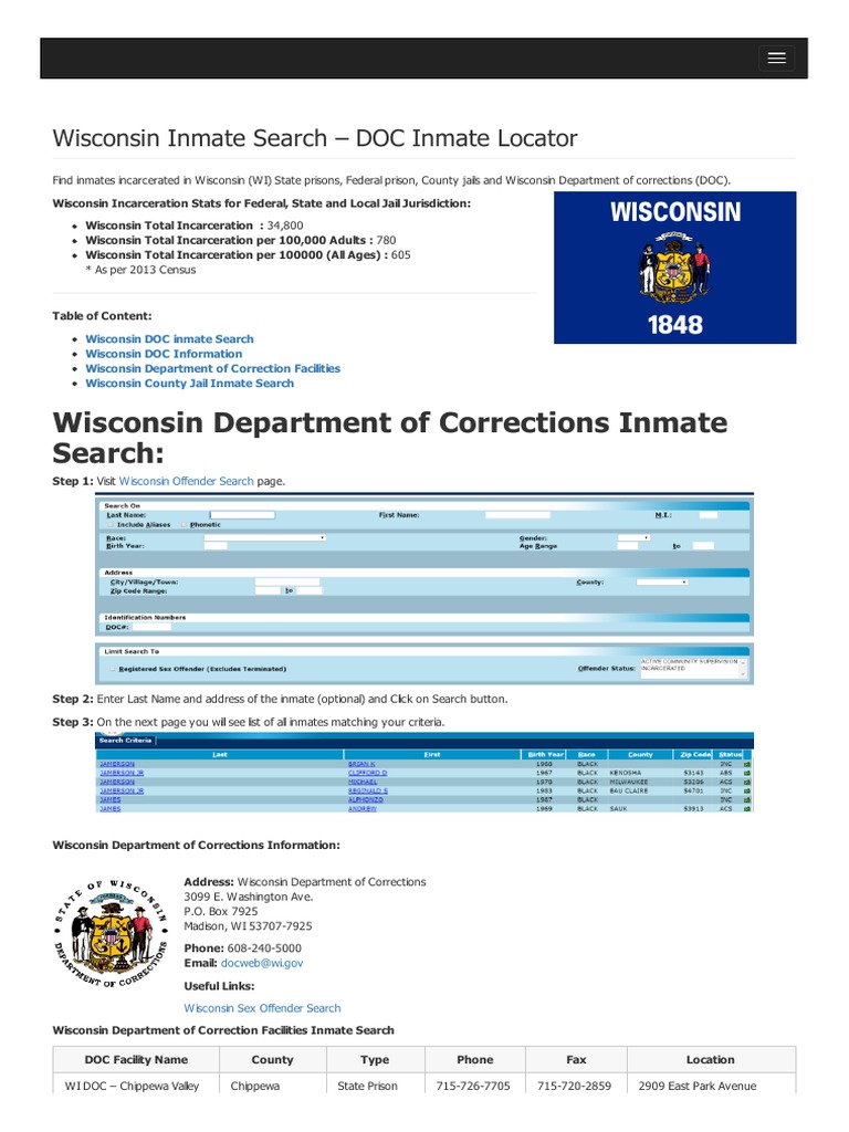 Wisconsin Inmate Search Department of Corrections Lookup | PDF ...