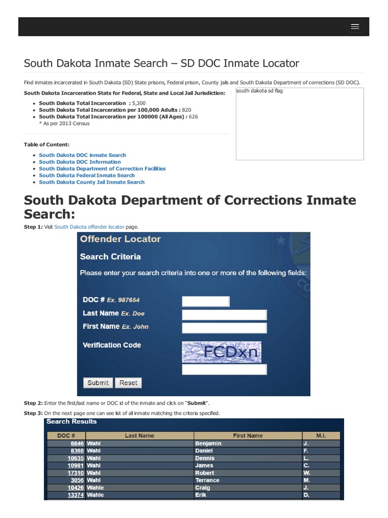 South Dakota Inmate Search Department of Corrections Lookup | PDF ...