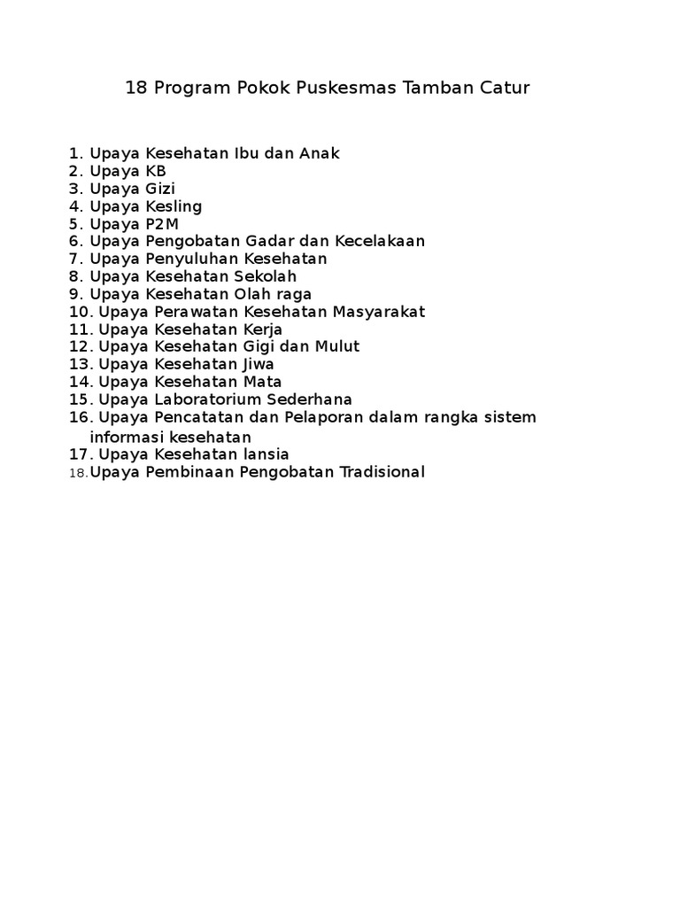 18 Program Pokok Puskesmas Tamban Catur | PDF