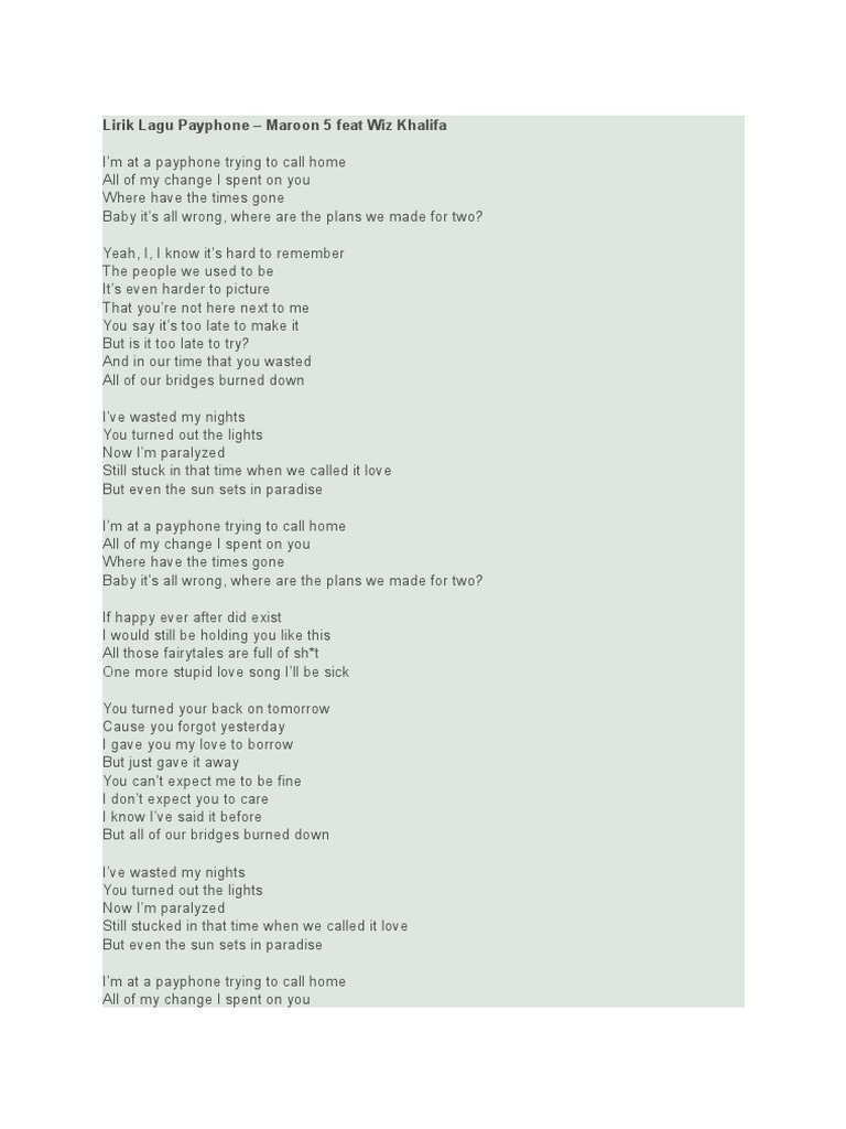 Lirik Lagu Payphone - Maroon 5 Feat Wiz Khalifa | PDF