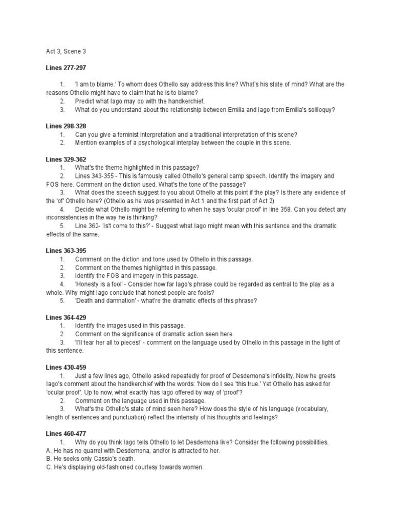 Act 3 Othello Shakespeare Probing Questions | PDF | Iago | Othello