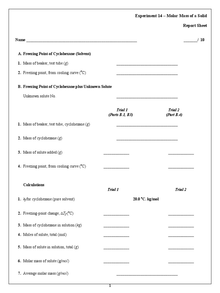 Microsoft Word - Experiment 14 - Molar Mass of A Solid Report Sheet | PDF | Mole (Unit) | Solution