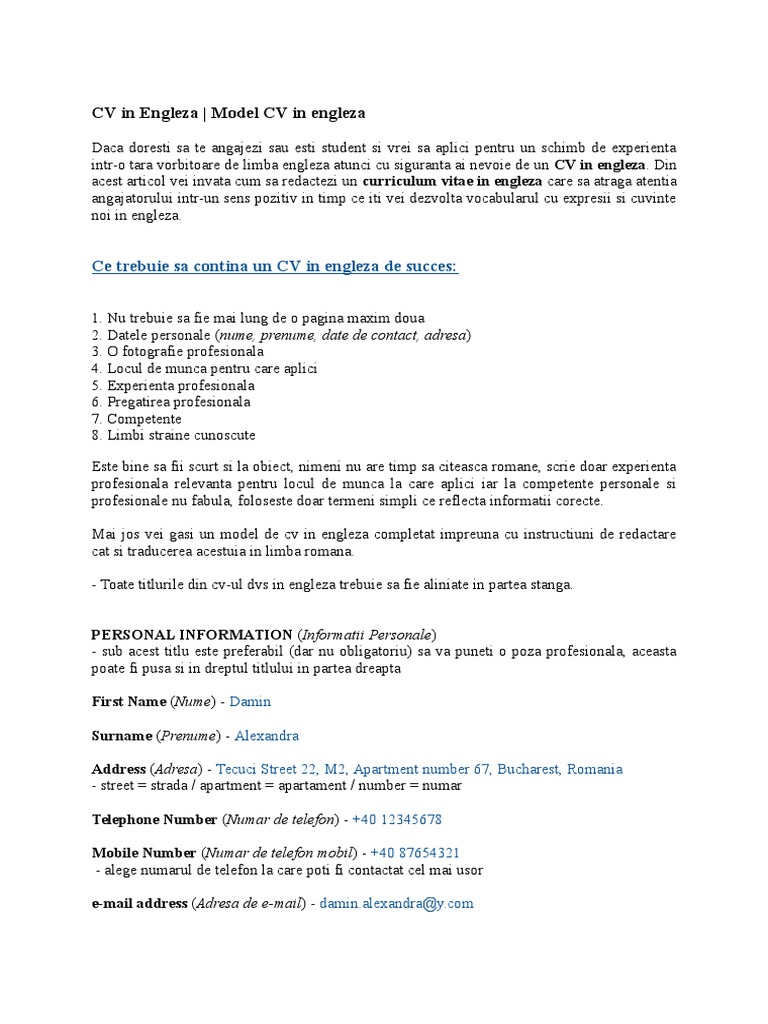 CV in Engleza Model Complectt | PDF