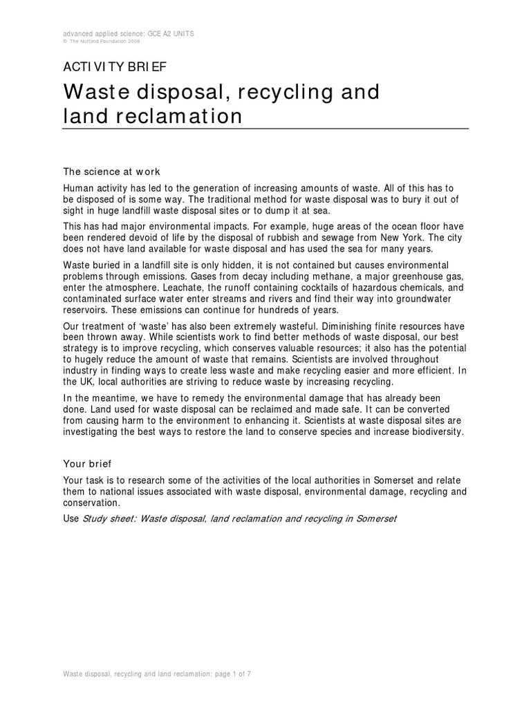 Waste Disposal, Recycling and Land Reclamation: Activity Brief | PDF