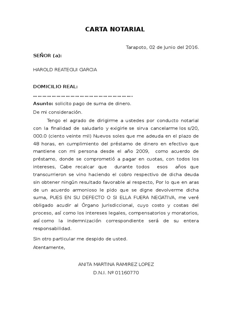 CARTA NOTARIAL Por Deuda Anita
