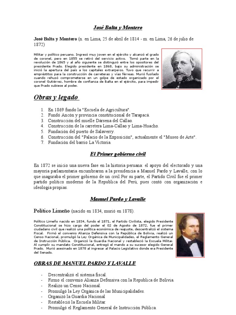 José Balta y Manuel Pardo: Legados | PDF | Perú | América del Sur