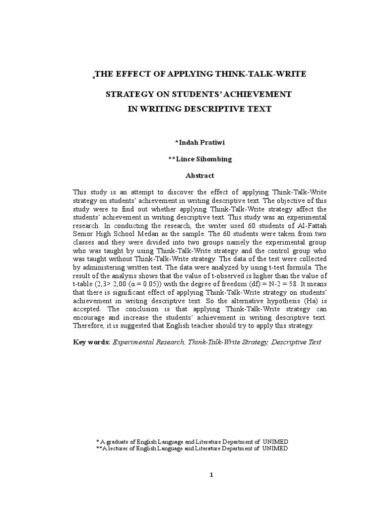 The Effect of Applying Think-Talk-Write Strategy On Students' Achievement in Writing Descriptive ...