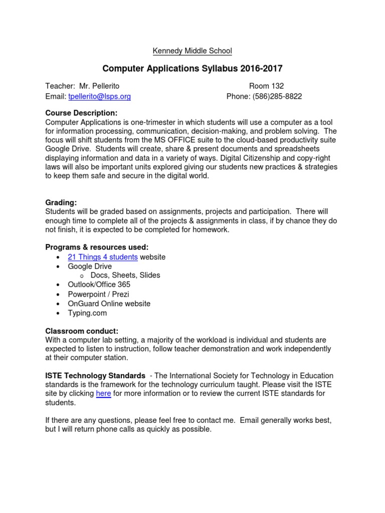 Kennedy Middle School Computer Apps Syllabus | PDF