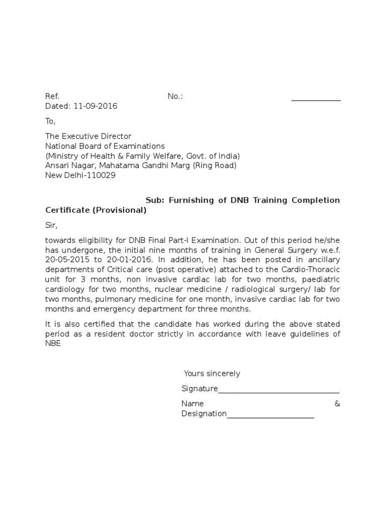 Sub: Furnishing of DNB Training Completion Certificate (Provisional) | PDF