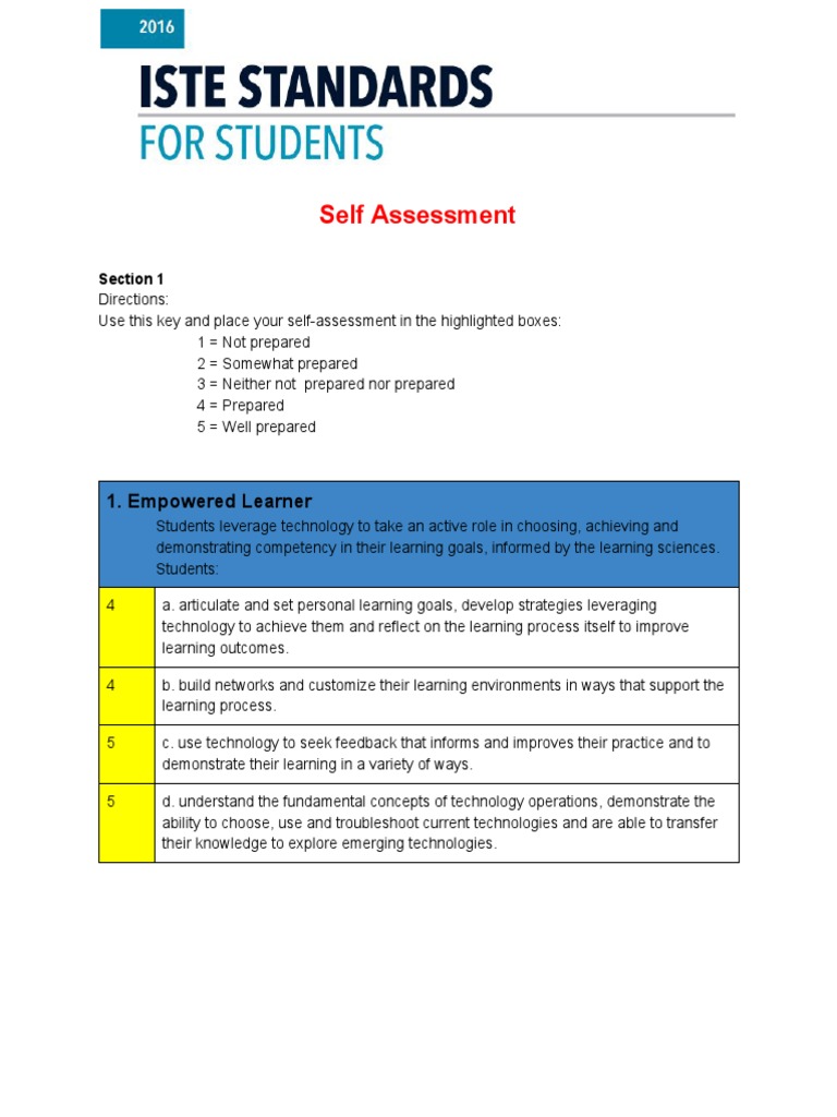 Iste Standards - Self Evaluation | PDF | Design | Learning