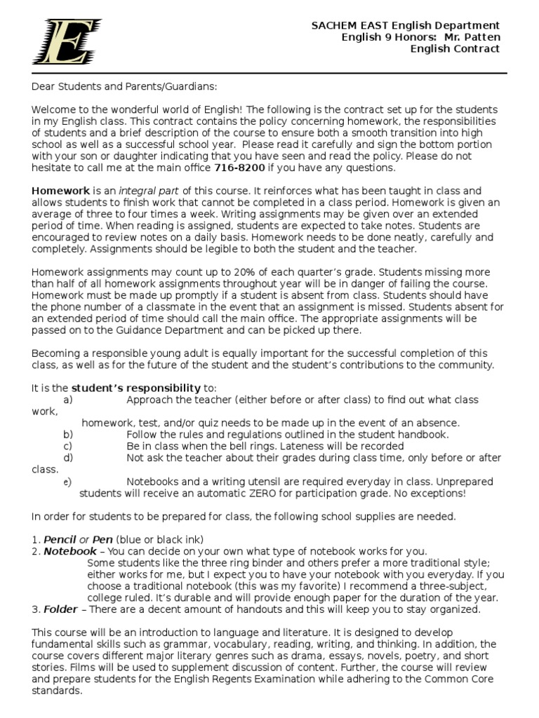 Course Contract - English 9 Honors | PDF | Homework | Further Education