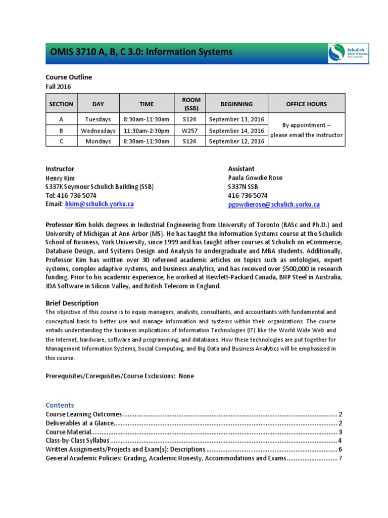 OMIS 3710 All Sections - Fall 2016 - Course Outline 3 - Henry Kim Final ...