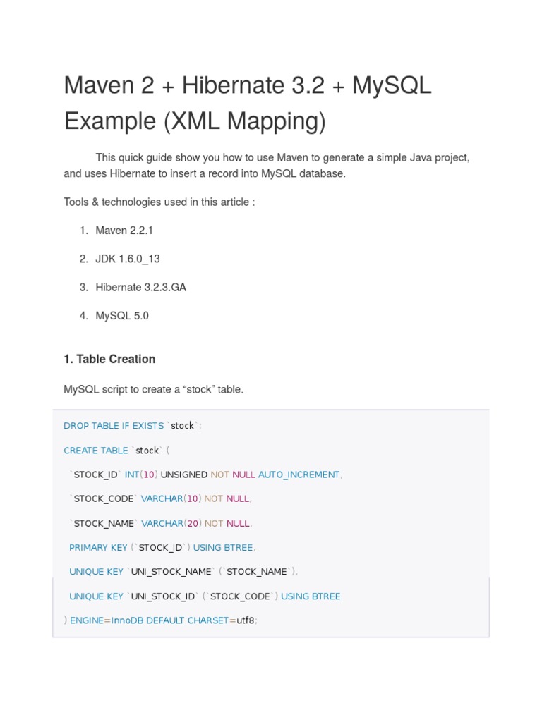 Maven 2 + Hibernate 3.2 + Mysql Example (XML Mapping) : 1. Table Creation | PDF | Data ...
