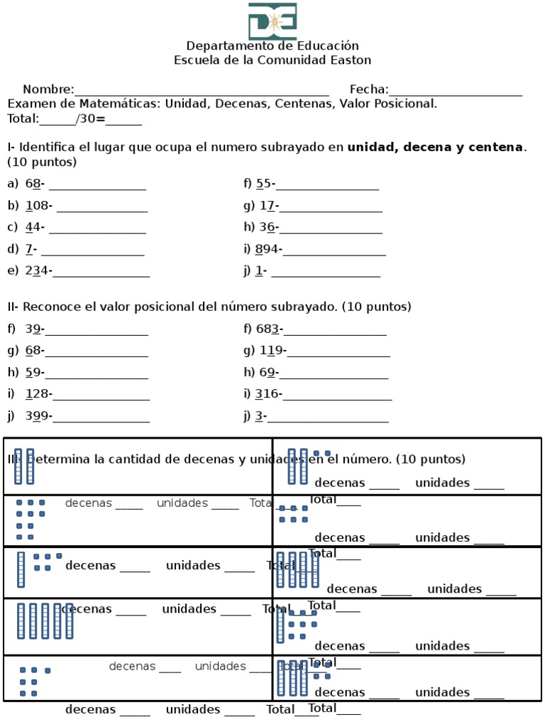 Examen de As Unidad Decena Centena | PDF