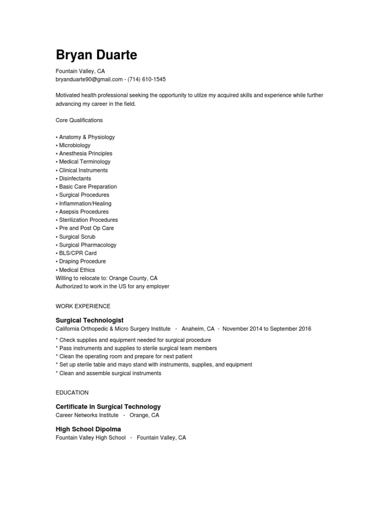 Bryan Duarte: Surgical Technologist | PDF