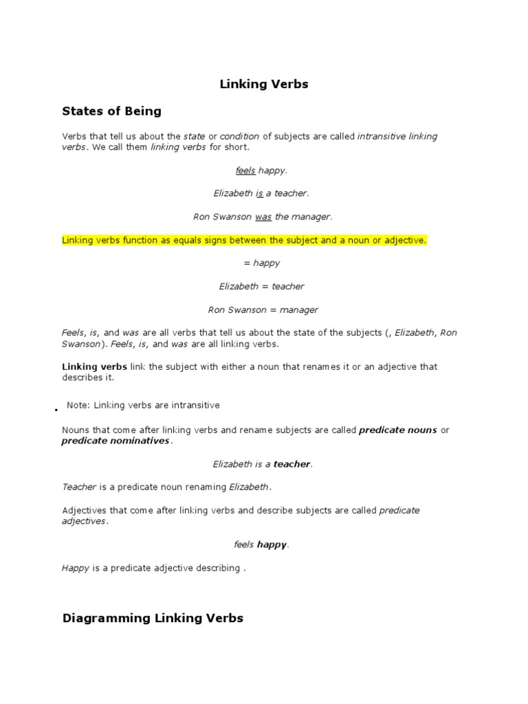 Linking Verbs States of Being: Linking Verbs Link The Subject With ...