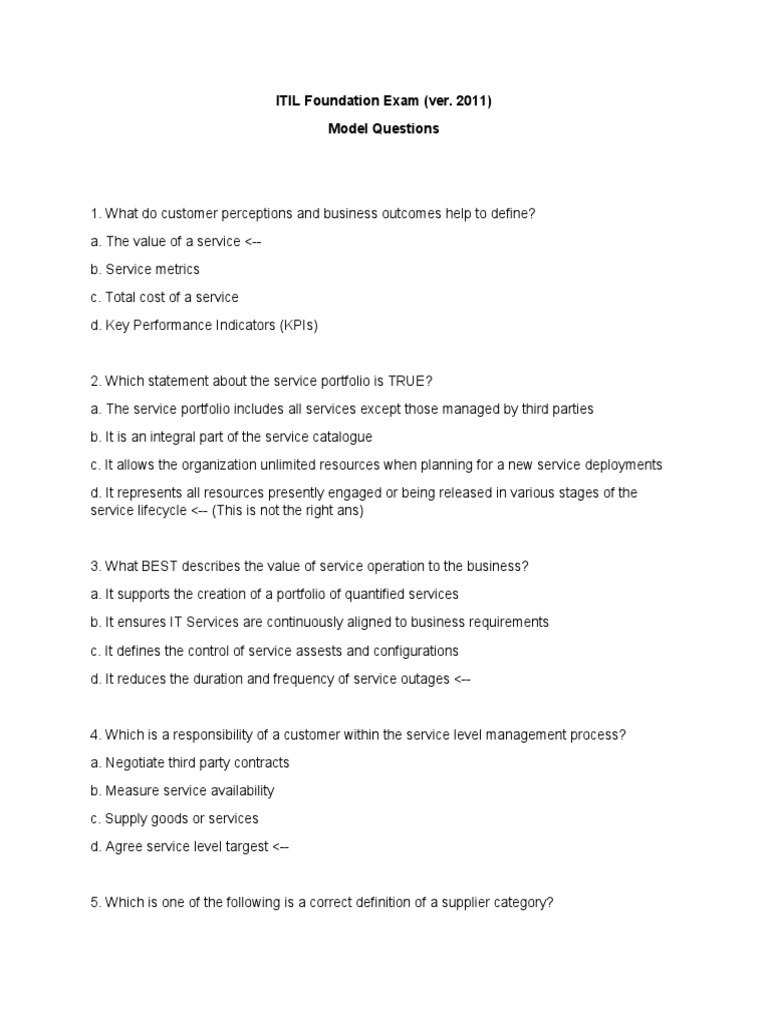 ITIL Foundation Exam - Model Questions | PDF | Itil | Economies