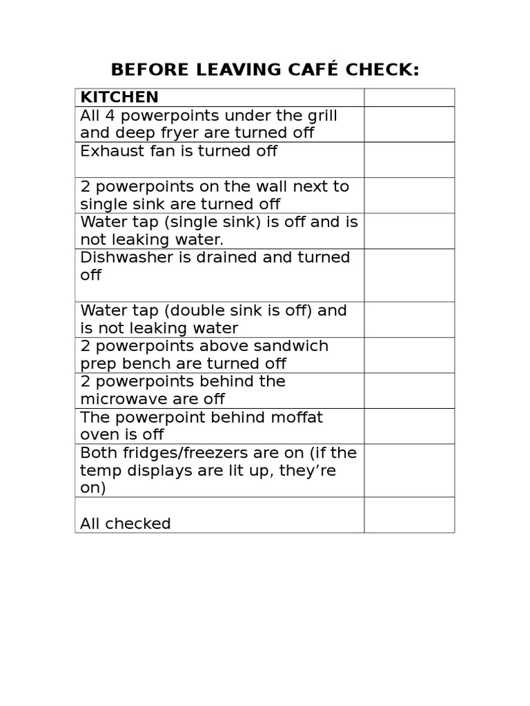 Before Leaving Café Check:: Kitchen | PDF | Refrigerator | Domestic ...