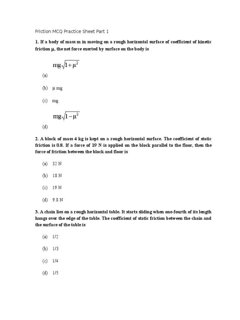 Friction MCQ Practice Sheet Part 1 | PDF | Friction | Physics