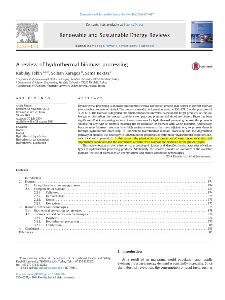 Hydrothermal Biomass Processing Review | PDF | Biomass | Supercritical ...