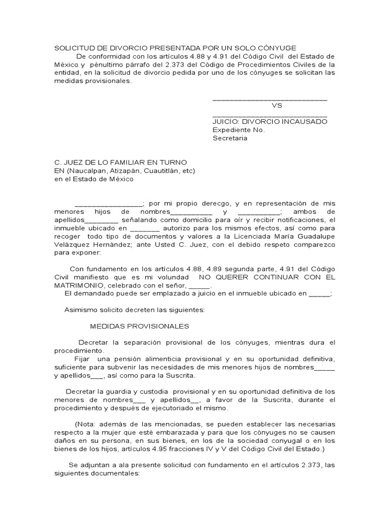 Solicitud de Divorcio Presentada Por Un Solo Cónyuge | PDF | Divorcio ...