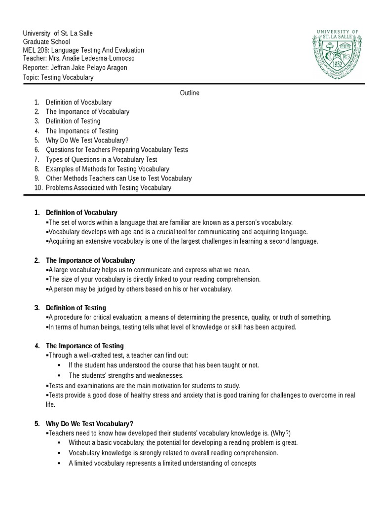 Testing Vocabulary Handout | PDF | Vocabulary | Multiple Choice