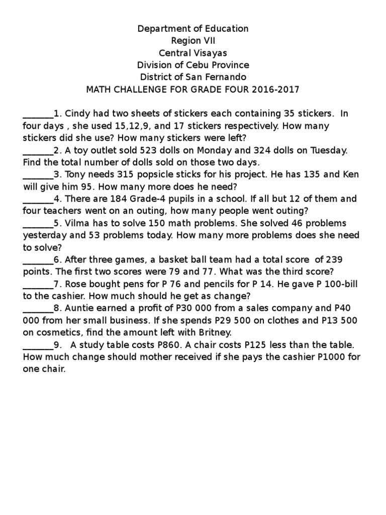 Grade 4 Math Challenge 2016-2017 | PDF | Wellness